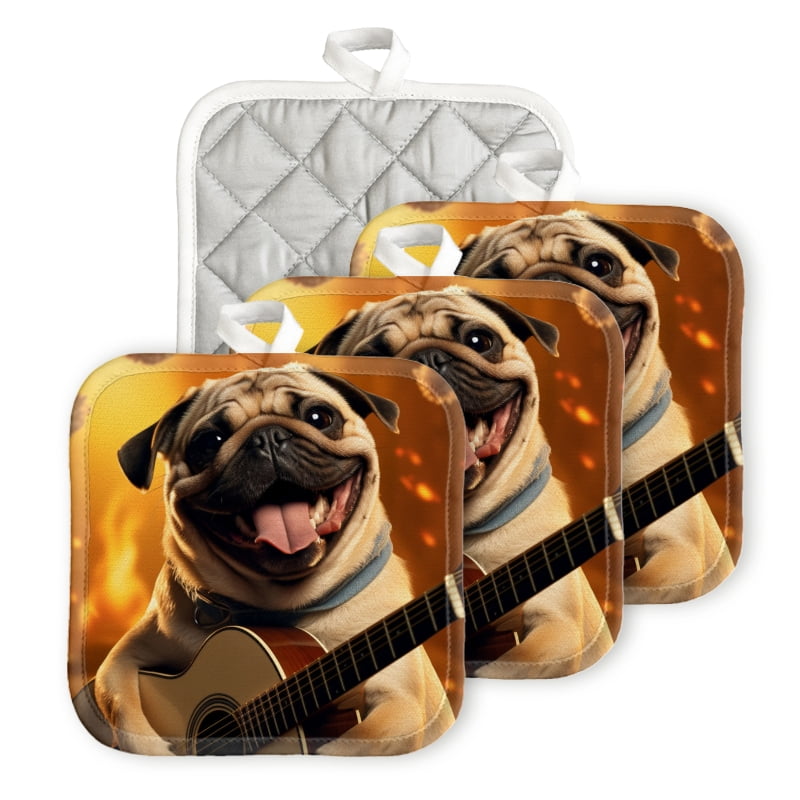 Bahomeck Pot Holder 4Pcs,Cartoon Puppy Pug Dog With Guitar Music Square ...