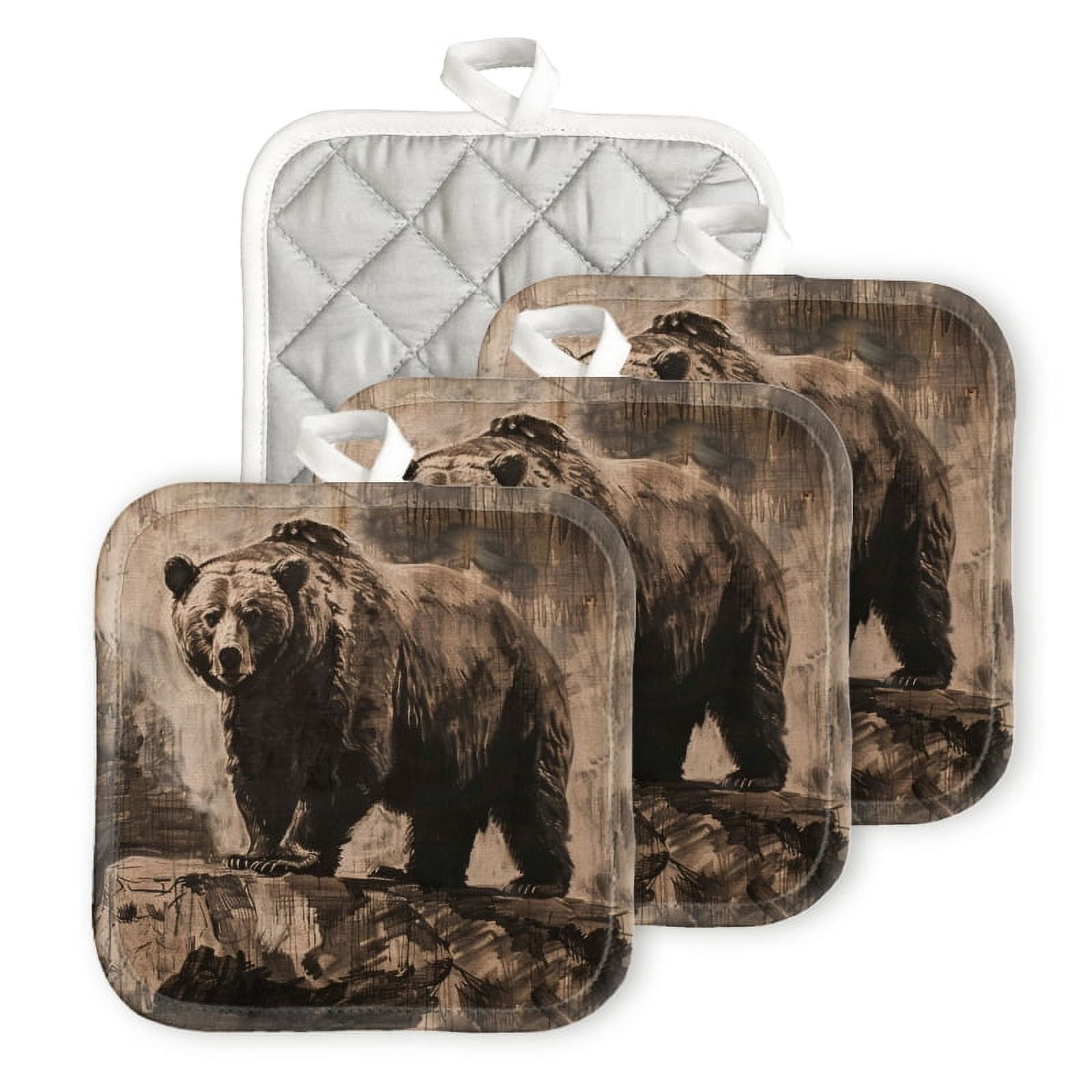 Bahomeck Pot Holder 4Pcs,Drawing Of Old Grizzly Bear On Top Of Rock ...