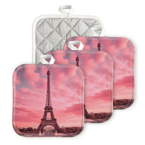Bahomeck Pot Holder 4Pcs,Eiffel Tower With Pink Sky And Pink Clouds ...