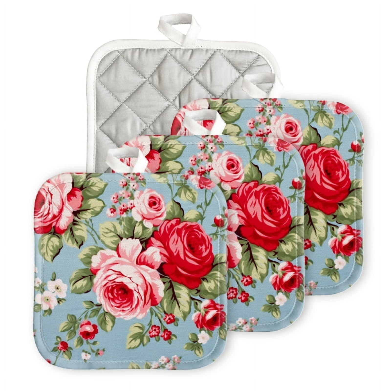 Bahomeck Pot Holder 4Pcs,Floral Red Roses Square Heat Resistant Hot ...
