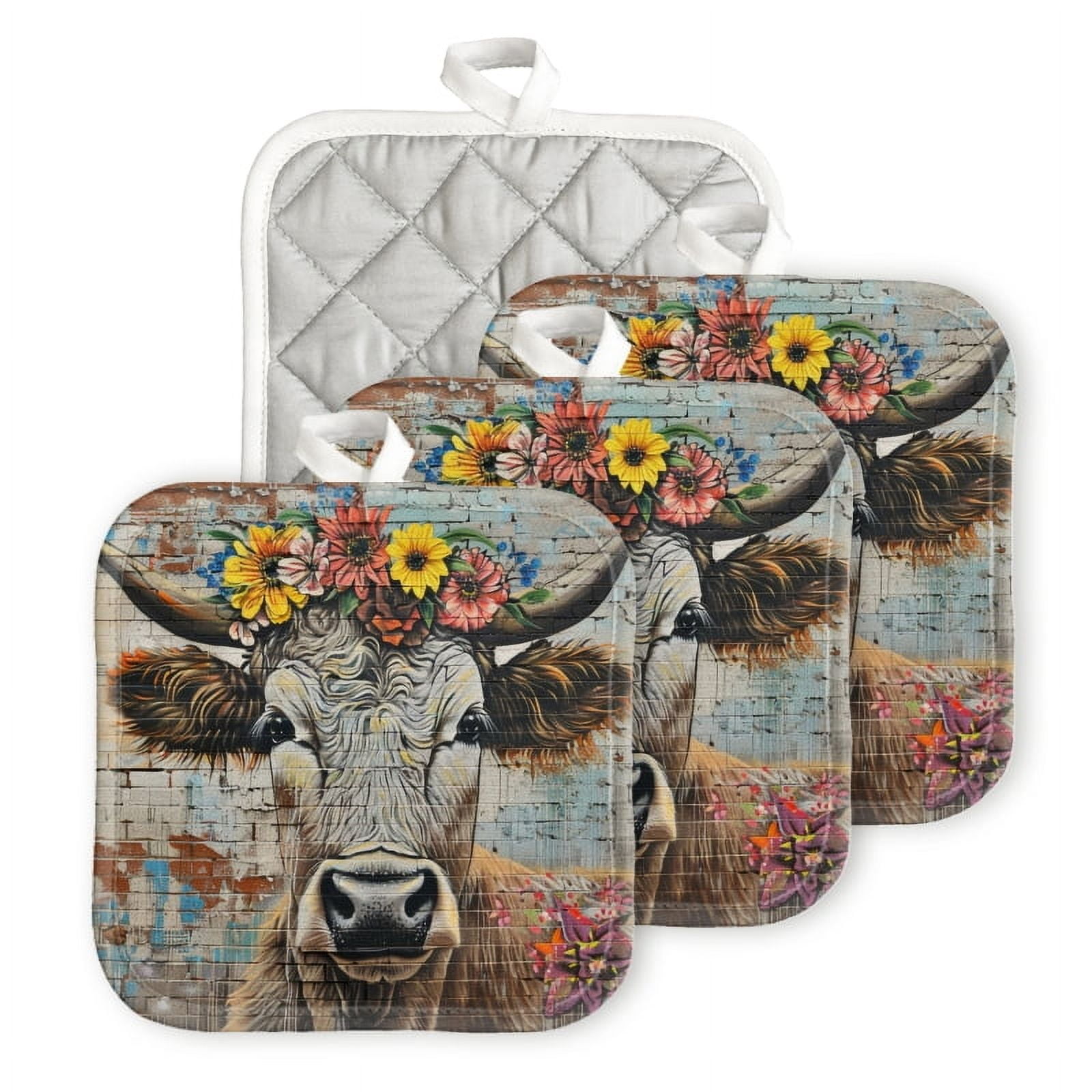 Bahomeck Pot Holder 4Pcs,Graffiti Of Cow With Flowers On Head Square ...