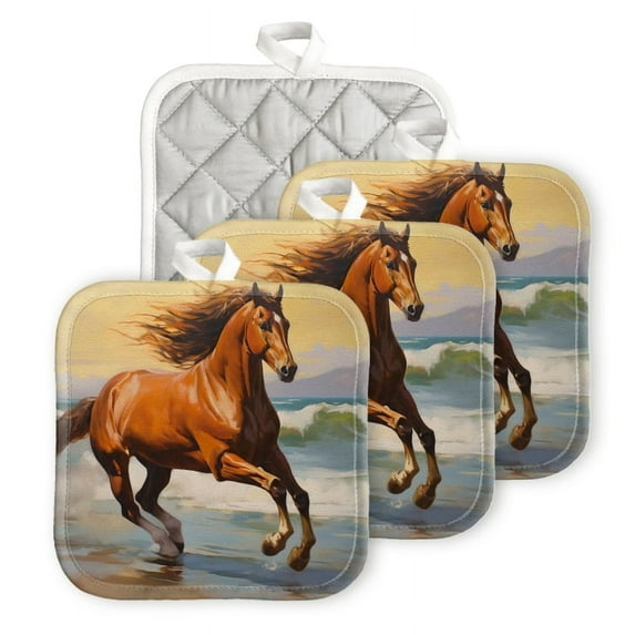 Bahomeck Pot Holder 4Pcs,Oil Painting Of Brown Horse Running On The ...