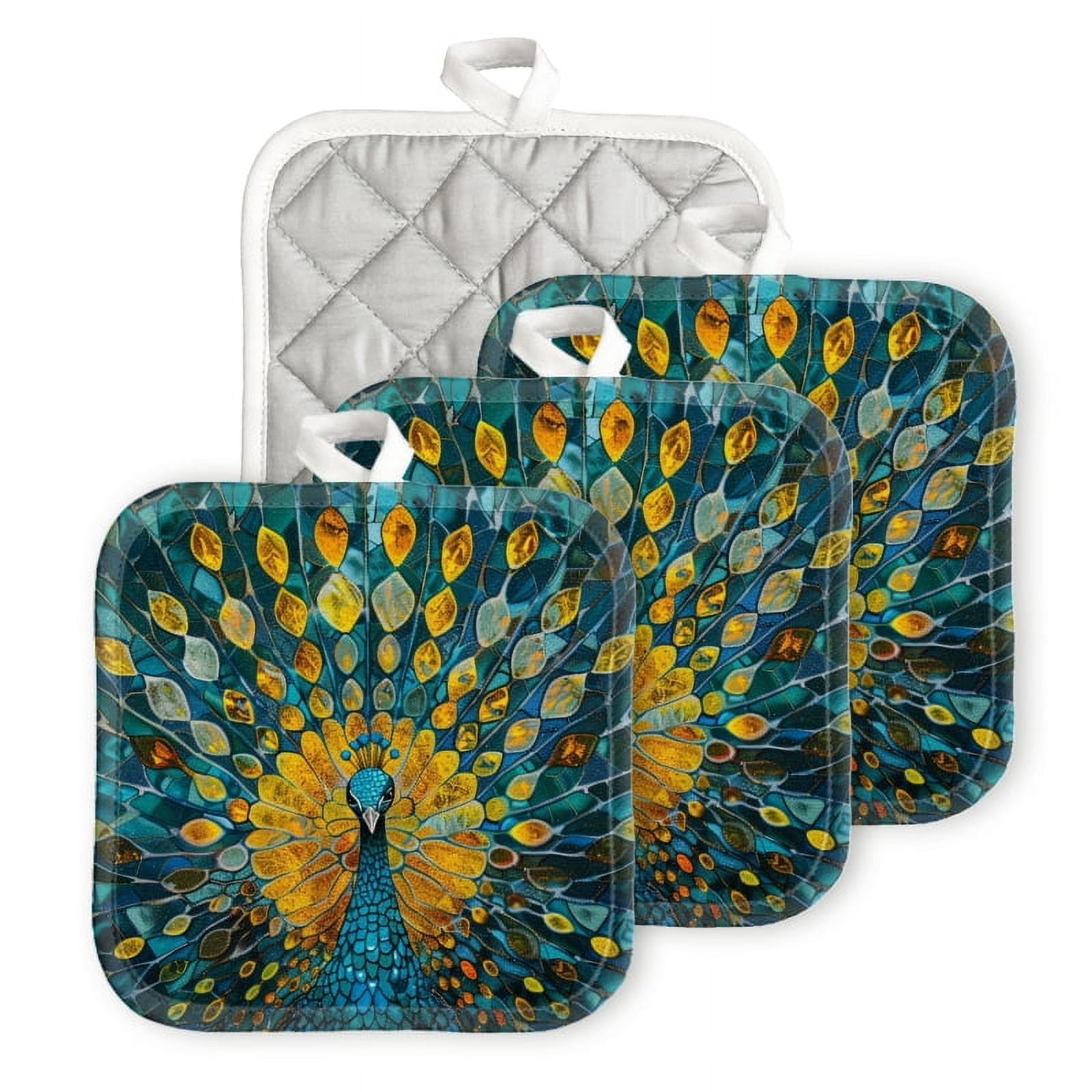 Bahomeck Pot Holder 4Pcs,Peacock In The Style Of Stained Glass Square ...