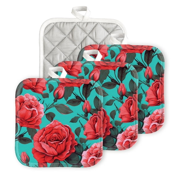 Bahomeck Pot Holder 4Pcs,Red Roses With Green Leaves On Turquoise ...