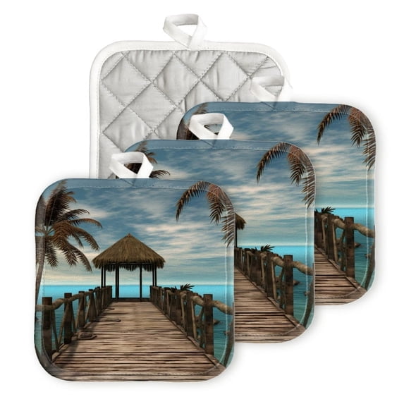 Bahomeck Pot Holder 4Pcs,Wooden Pier With Palm Trees And Thatched Roof ...