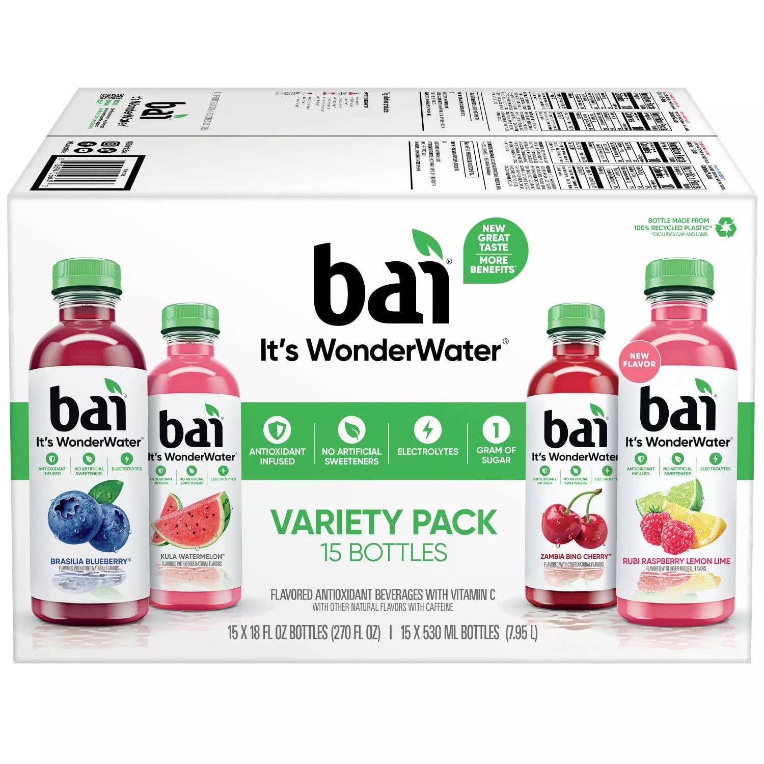 Bai WonderWater Variety Pack, Zero Sugar, Blueberry, Cherry, Watermelon ...