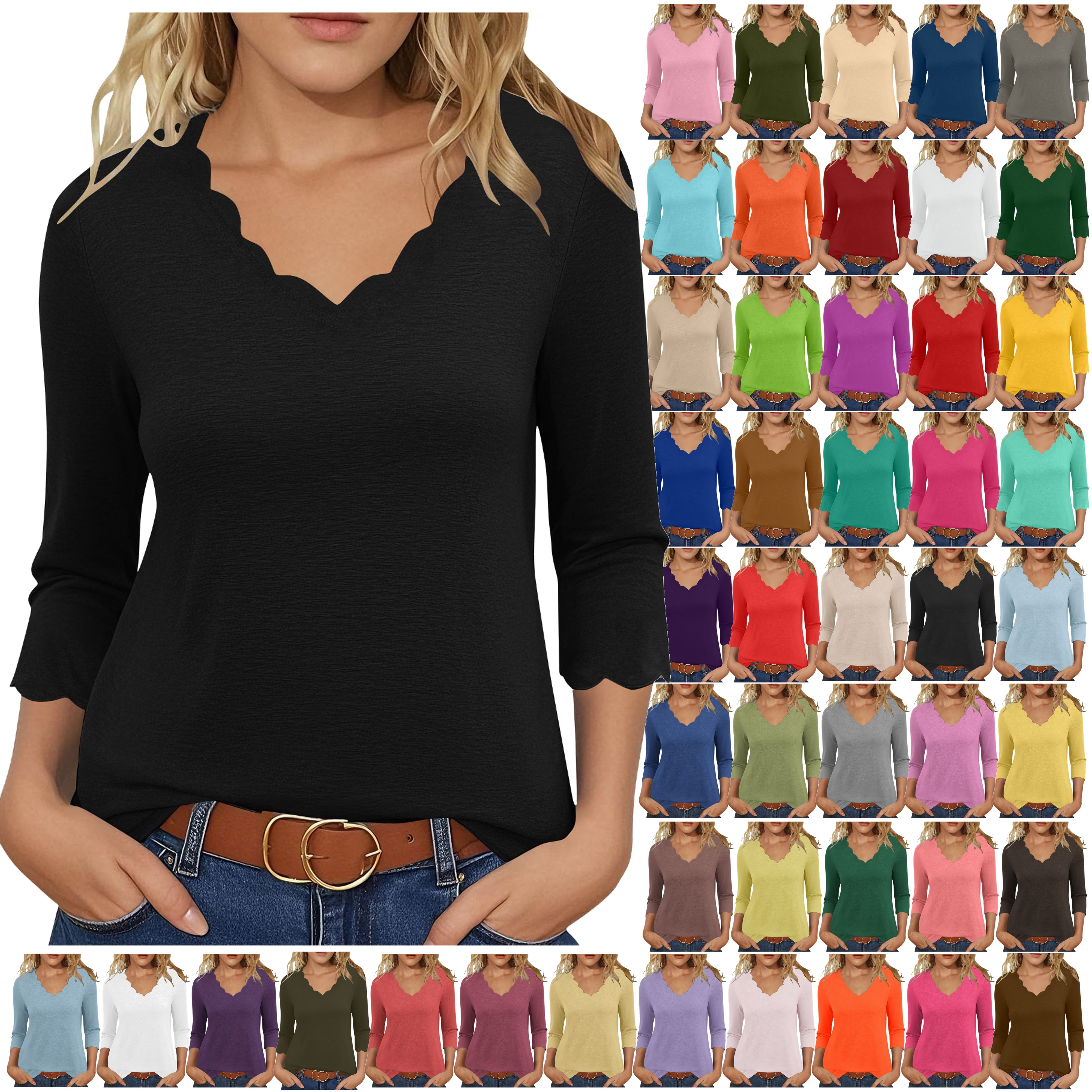 Baikeli 3/4 Sleeve Shirts for Women Solid Color Scalloped V Neck Tops ...