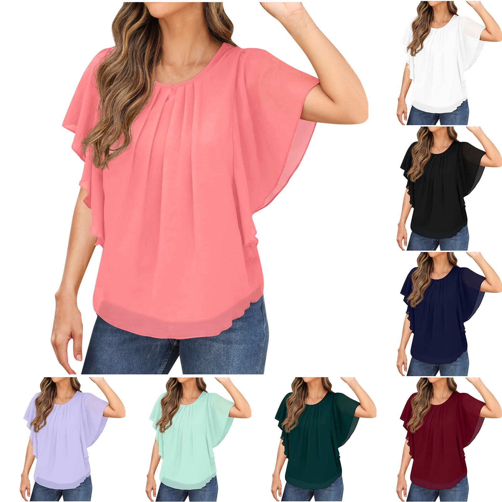 Baikeli Chiffon Blouses for Women Flutter Short Sleeve Pleated Front Tops Dressy Casual Summer ...