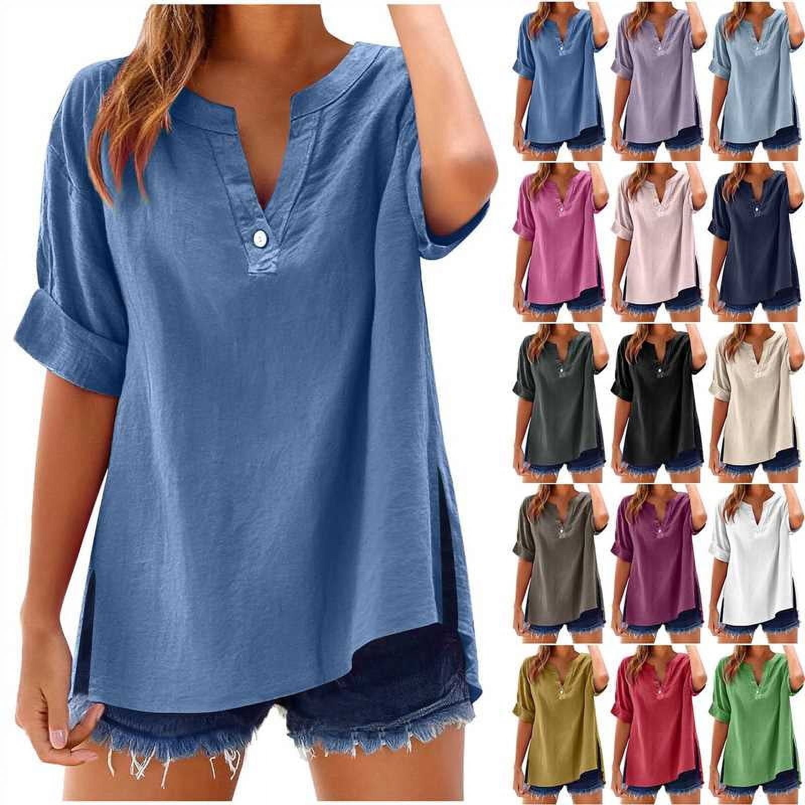Baikeli Linen Shirt for Women V Neck Short Sleeve Side Slit Tops Trendy ...