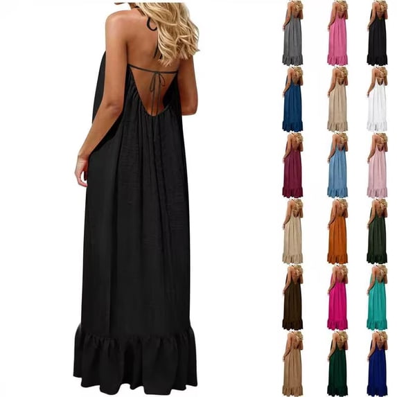 Baikeli Linen Summer Dresses Women's Open Back Spaghetti Strap Beach ...