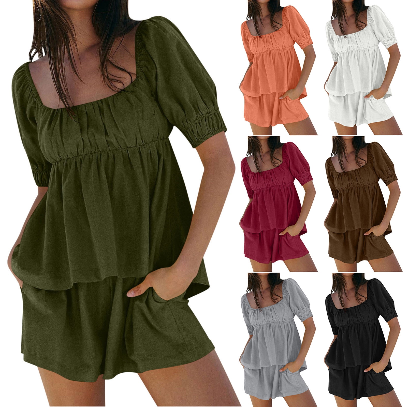 Baikeli Two Piece Short Sets for Women 2025 Short Puff Sleeve Cutout ...