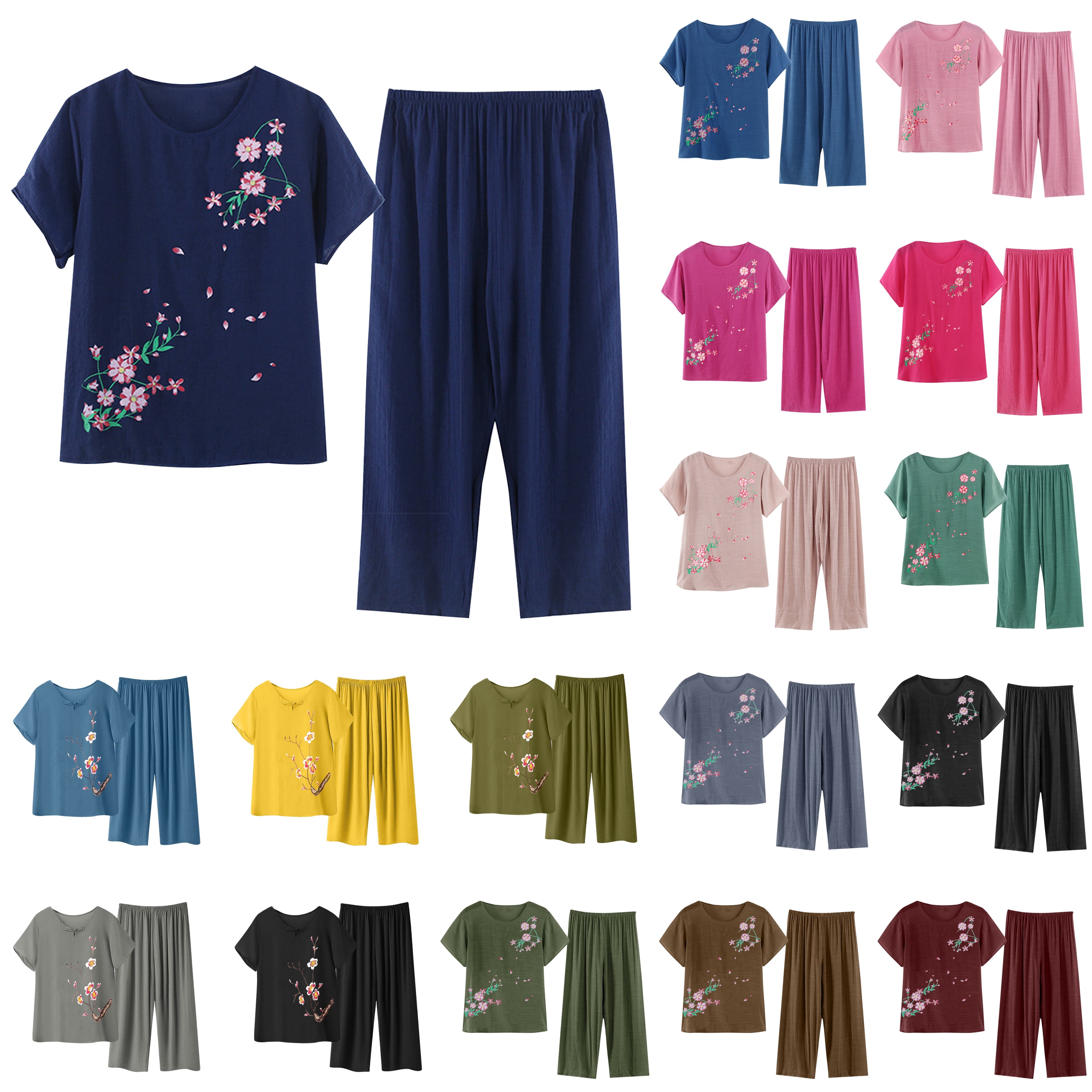 Baikeli Women's 2 Piece Outfits Linen Short Sleeve Set Crewneck Tops ...