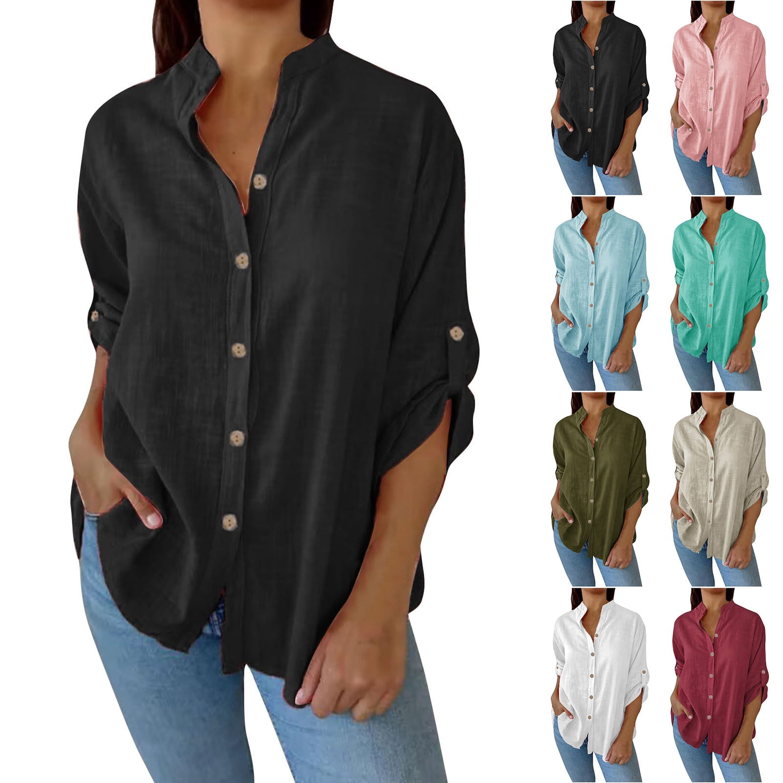 Baikeli Womens Cotton Button Down Shirts Rolled Up Long Sleeve Band Collar Blouse Basic Solid ...