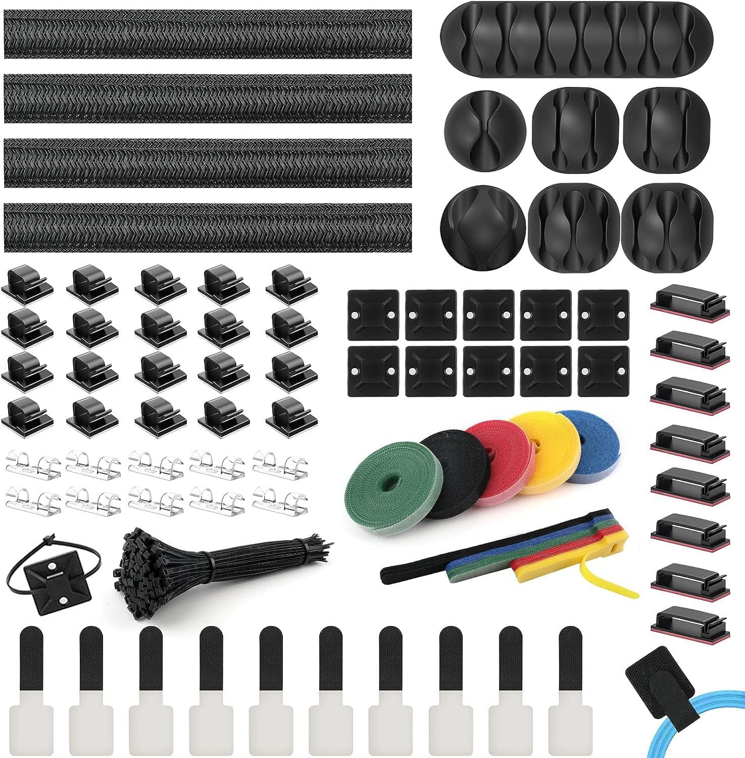 Bailink 204PCS Cable Management Kit,4 Cable Sleeve 38 Cable Clips with ...