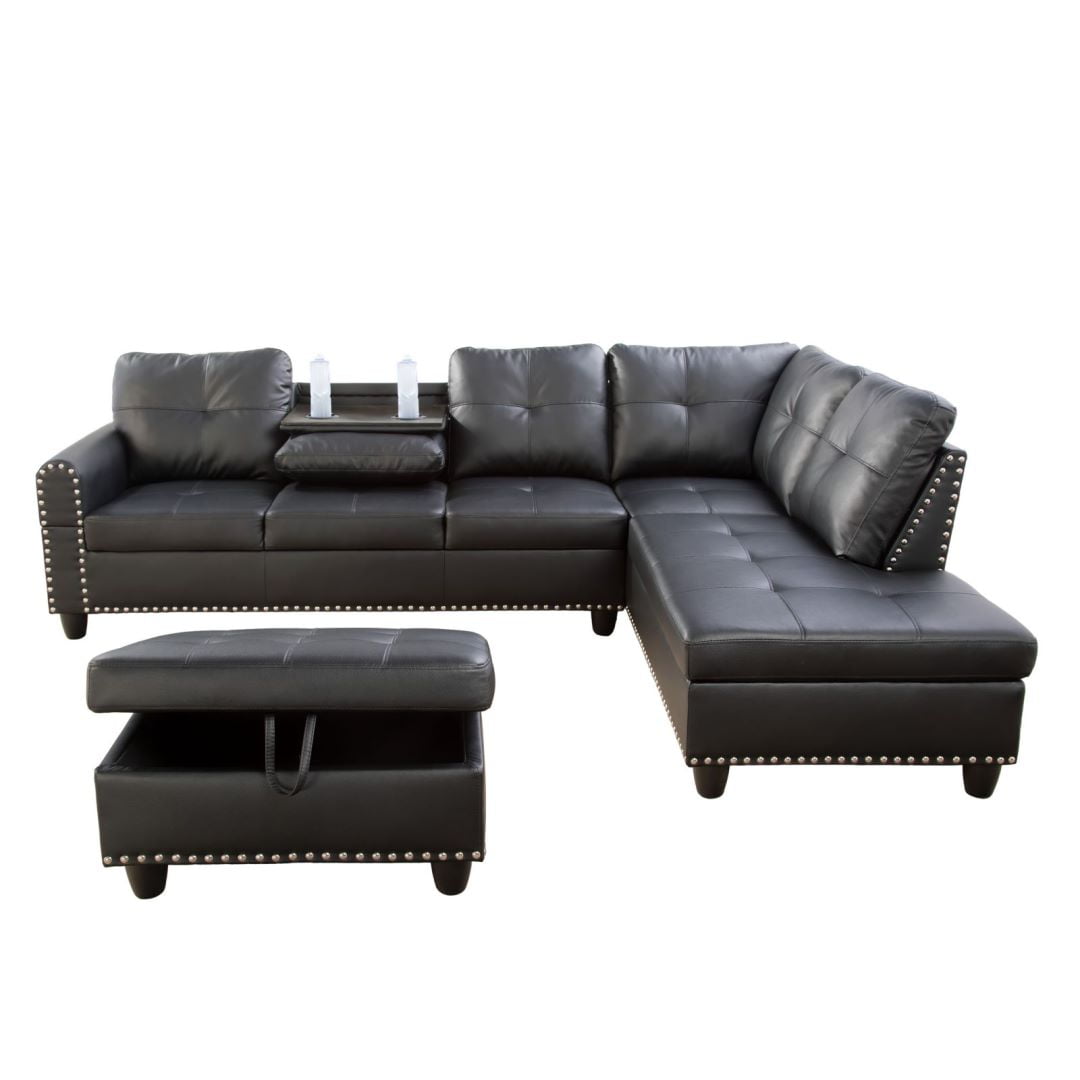 Bailu Black PU Leather Sectional Sofa Set with Recliner, Cup Holder ...