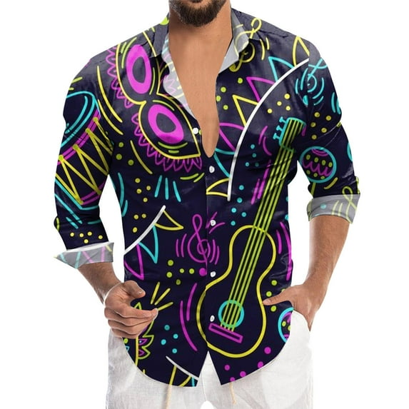 Bainana Button Down T-Shirt For Men Sequin Print Long Sleeve Lapel ...