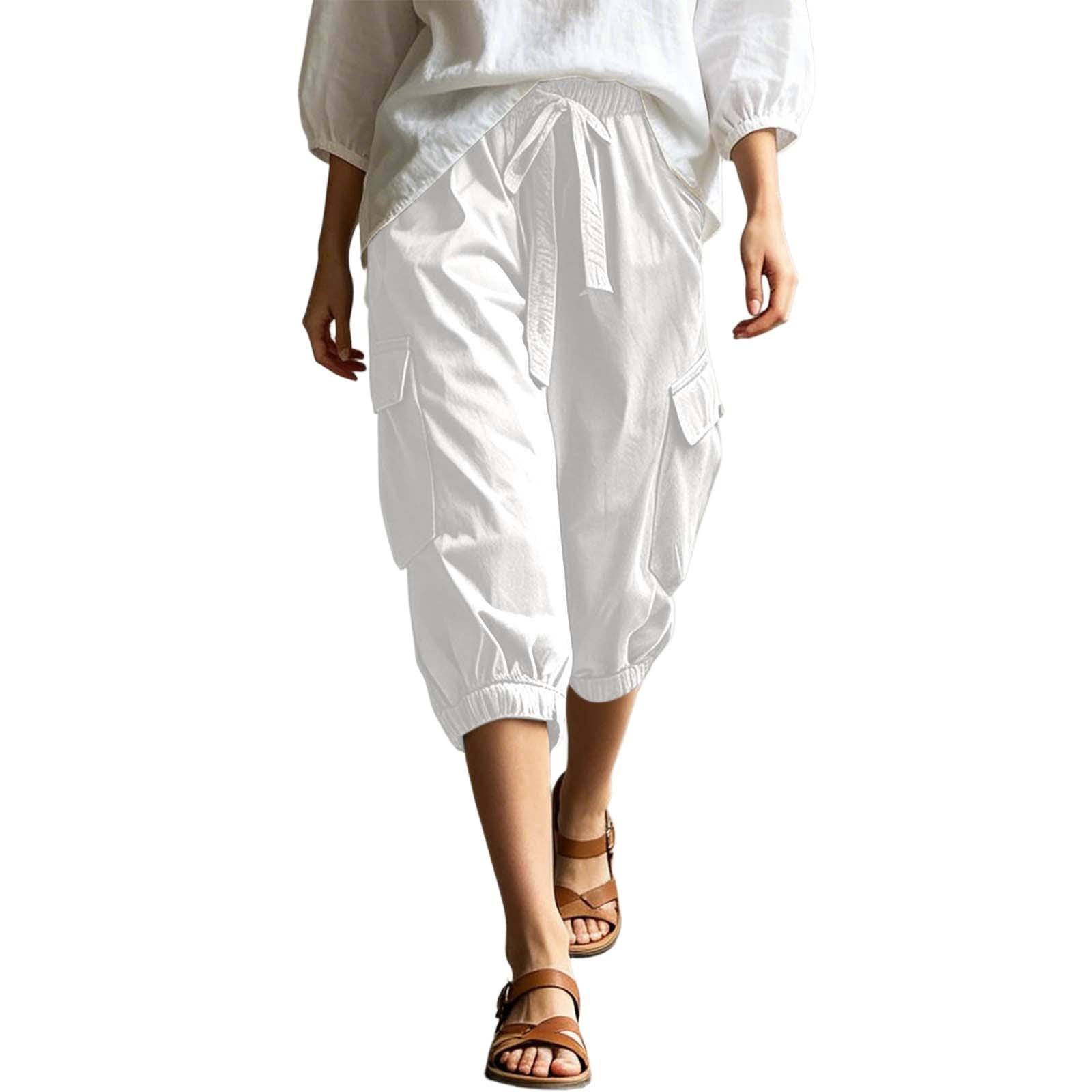 Bainana Capri Pants For Womens Solid Color Elastic Waist Straight Leg ...