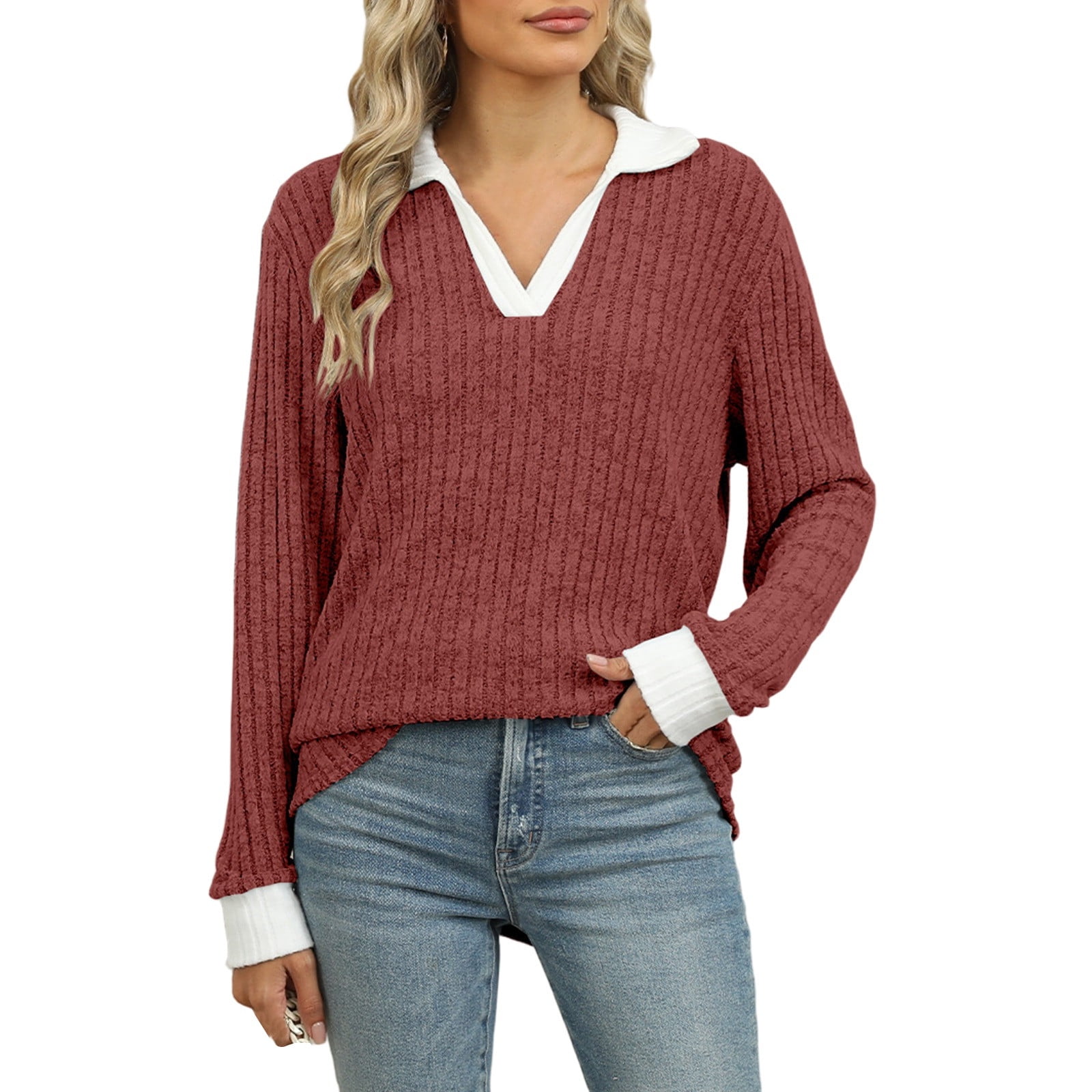 Bainana Casual Blouse For Women Solid Color Long Sleeve V Neck Tops ...