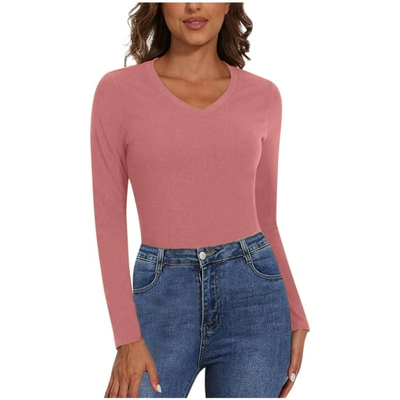 Bainana Casual Thermal Tops For Women Solid Color Long Sleeve V Neck ...