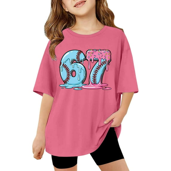 Bainana Child Girls 67 Shirt Cartoon Print Short Sleeve Crew Neck Tops ...