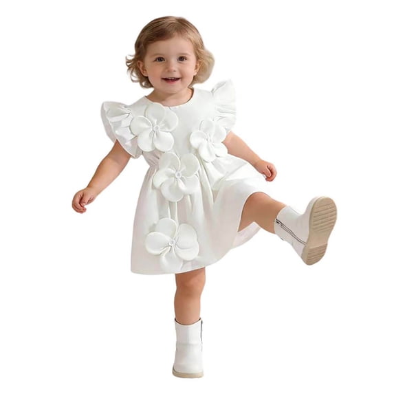 Bainana Child Girls Dress Fly Sleeve 3D Floral Print Crew Neck Holiday ...