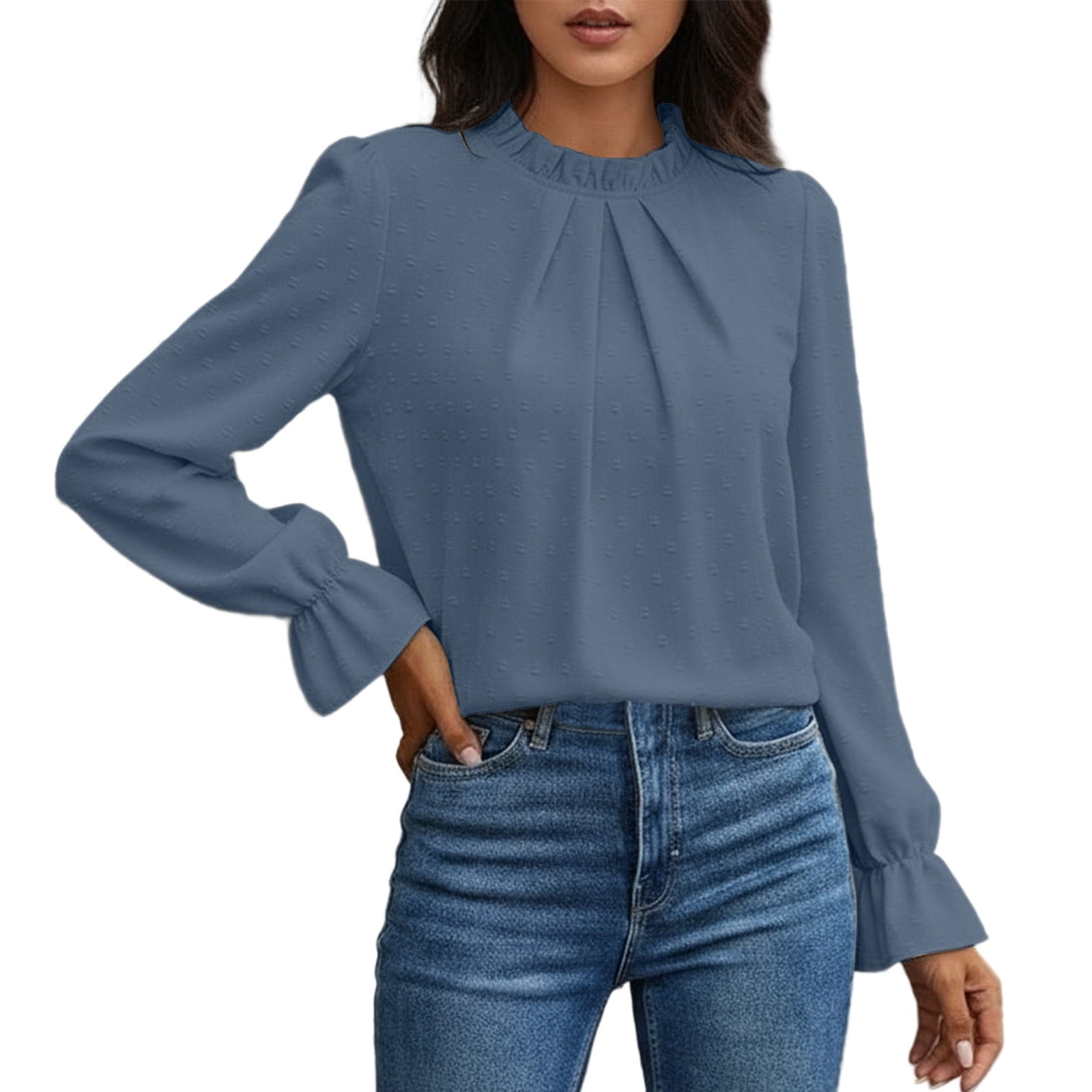 Bainana Elegant Blouse For Women Solid Color Long Sleeve Crew Neck Tops ...