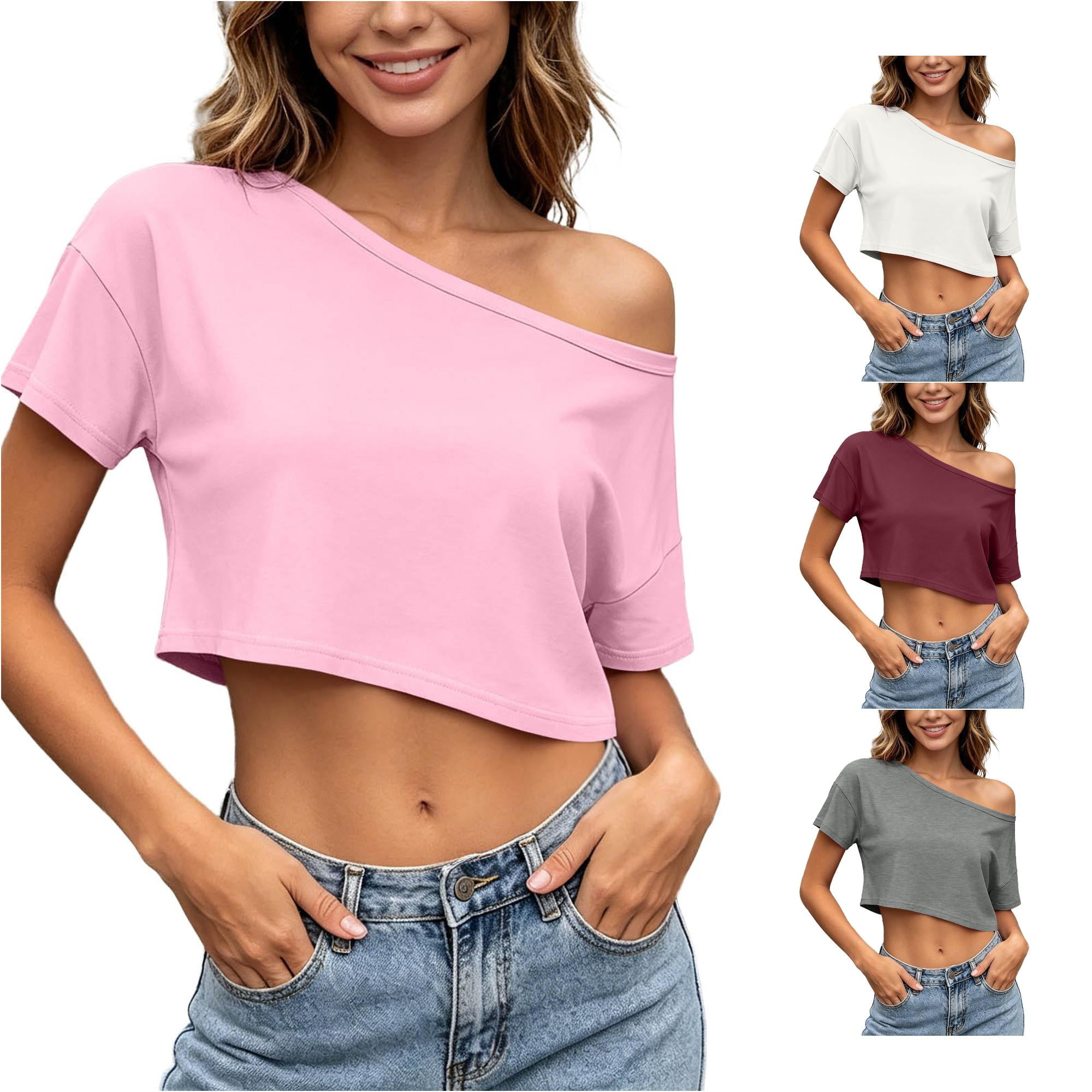 Bainana Elegant Off Shoulder Cropped Tee For Women Solid Color Short ...