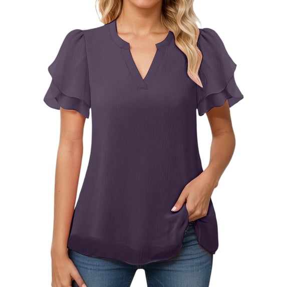 Bainana Fashion Summer Blouse For Women Solid Color Flutter Sleeves V ...