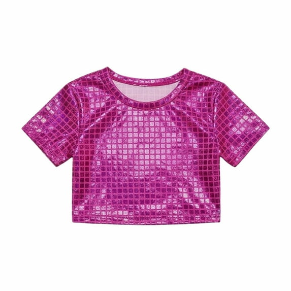 Bainana Girl'S Carnival Tops Child Sequin Solid Color Short Sleeve Crew ...