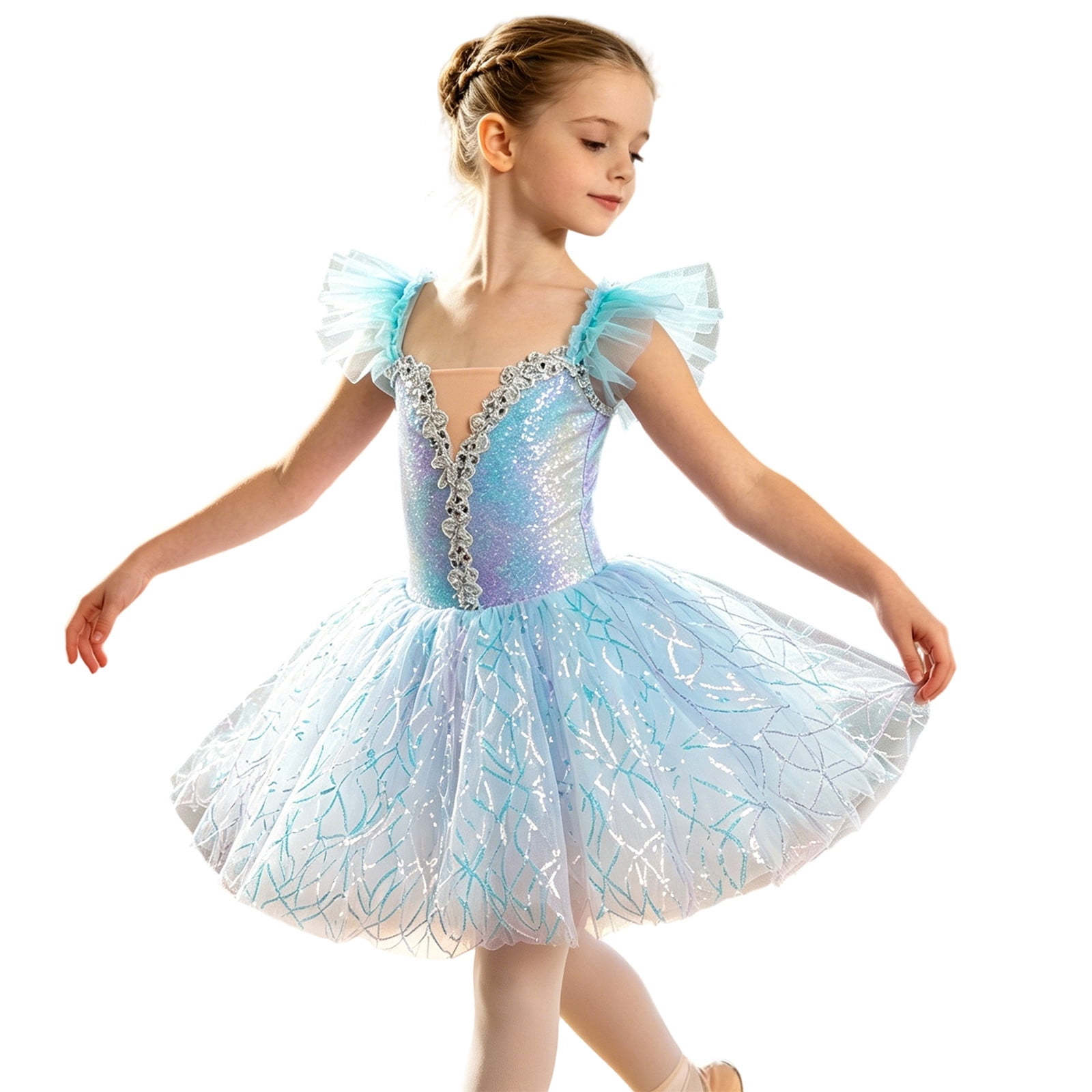 Bainana Girls Floral Tulle Tutu Dresses Ruffled Sleeve Square Neck ...