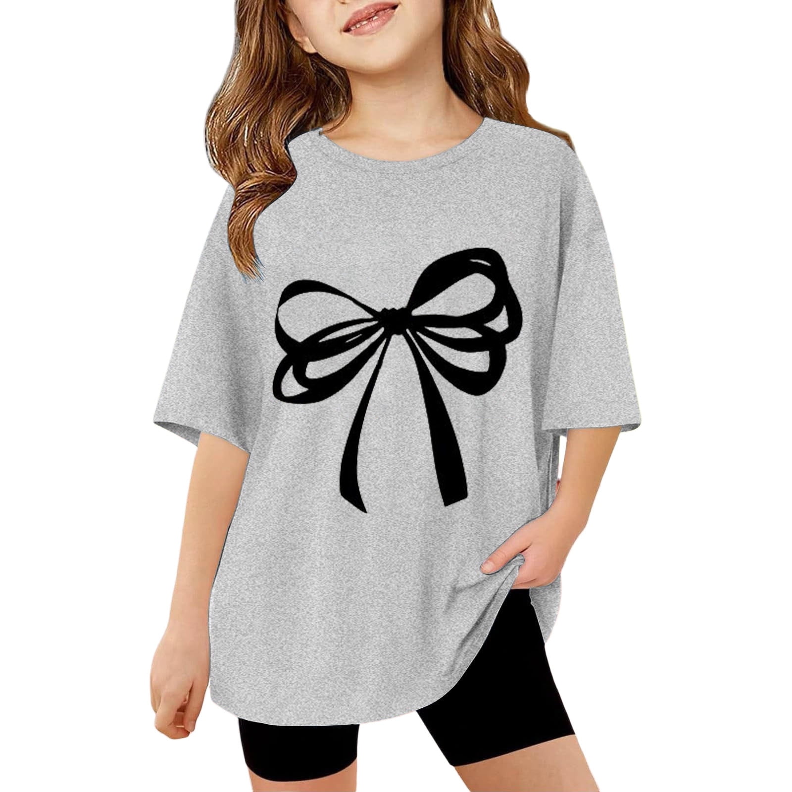 Bainana Girls Loose Fit T-Shirt Child Bowknot Print Short Sleeve Crew ...