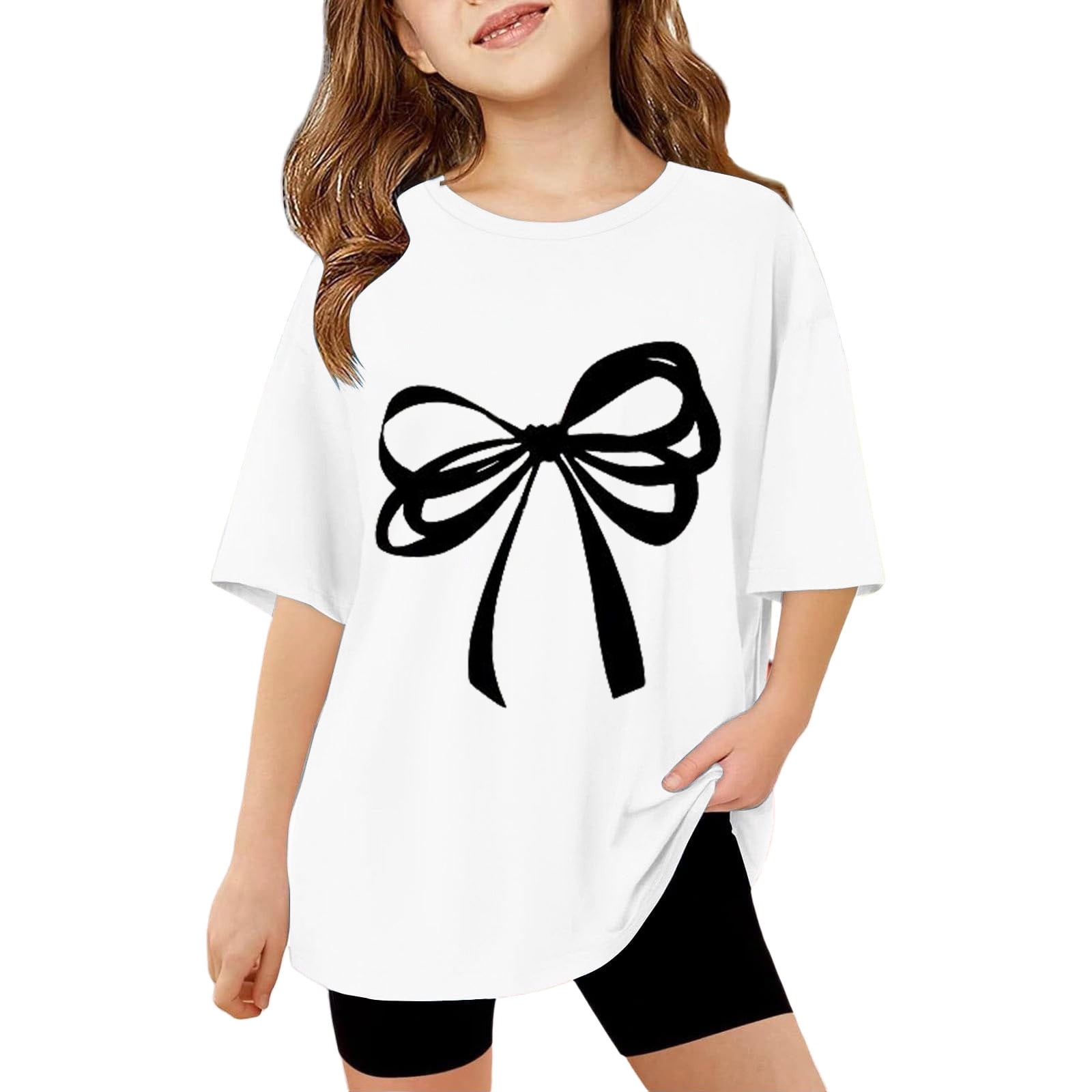 Bainana Girls Loose Fit T-Shirt Child Bowknot Print Short Sleeve Crew ...