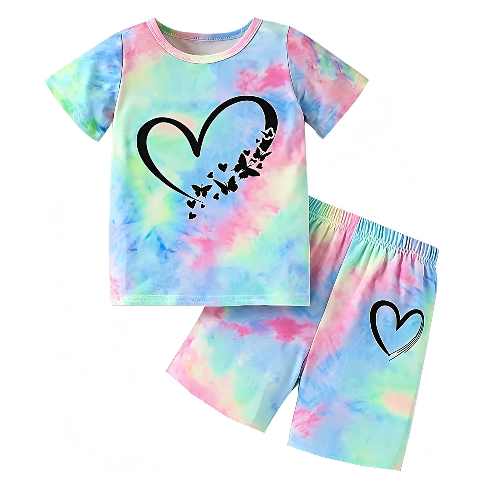Bainana Girls Outfit Set Kids Tie Dye Heart Print Short Sleeve Tops And ...