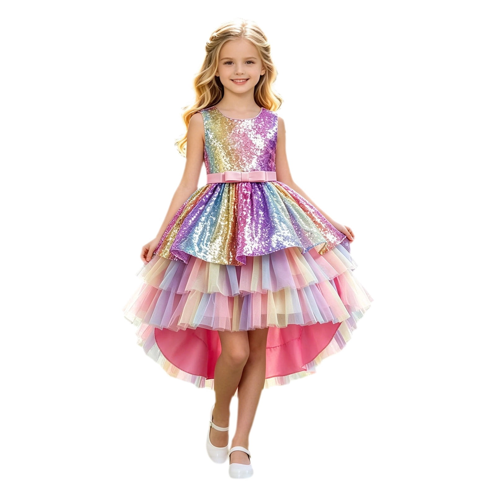 Bainana Girls Rainbow Print Sparkling Dresses Sleeveless Crew Neck ...