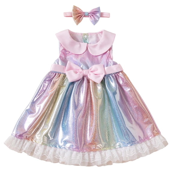 Bainana Girls Rainbow Print Summer Dresses Sleeveless Crew Neck Bow ...