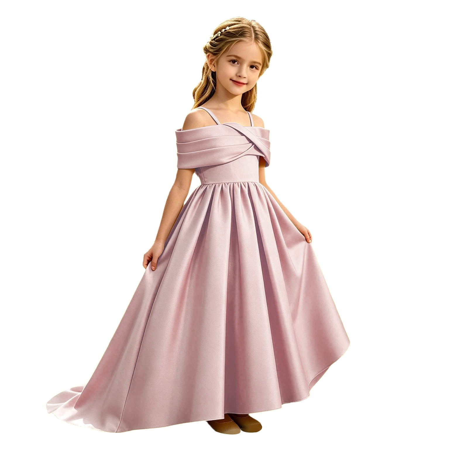 Bainana Girls Solid Color Satin Dresses Short Sleeve Off Shoulder ...