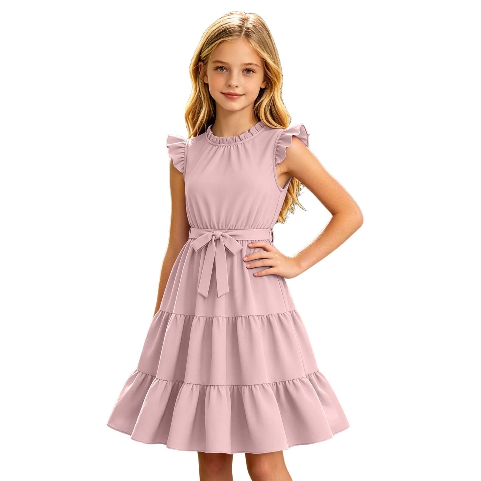 Bainana Girls Solid Color Summer Dresses Ruffled Sleeve Crew Neck Bow ...