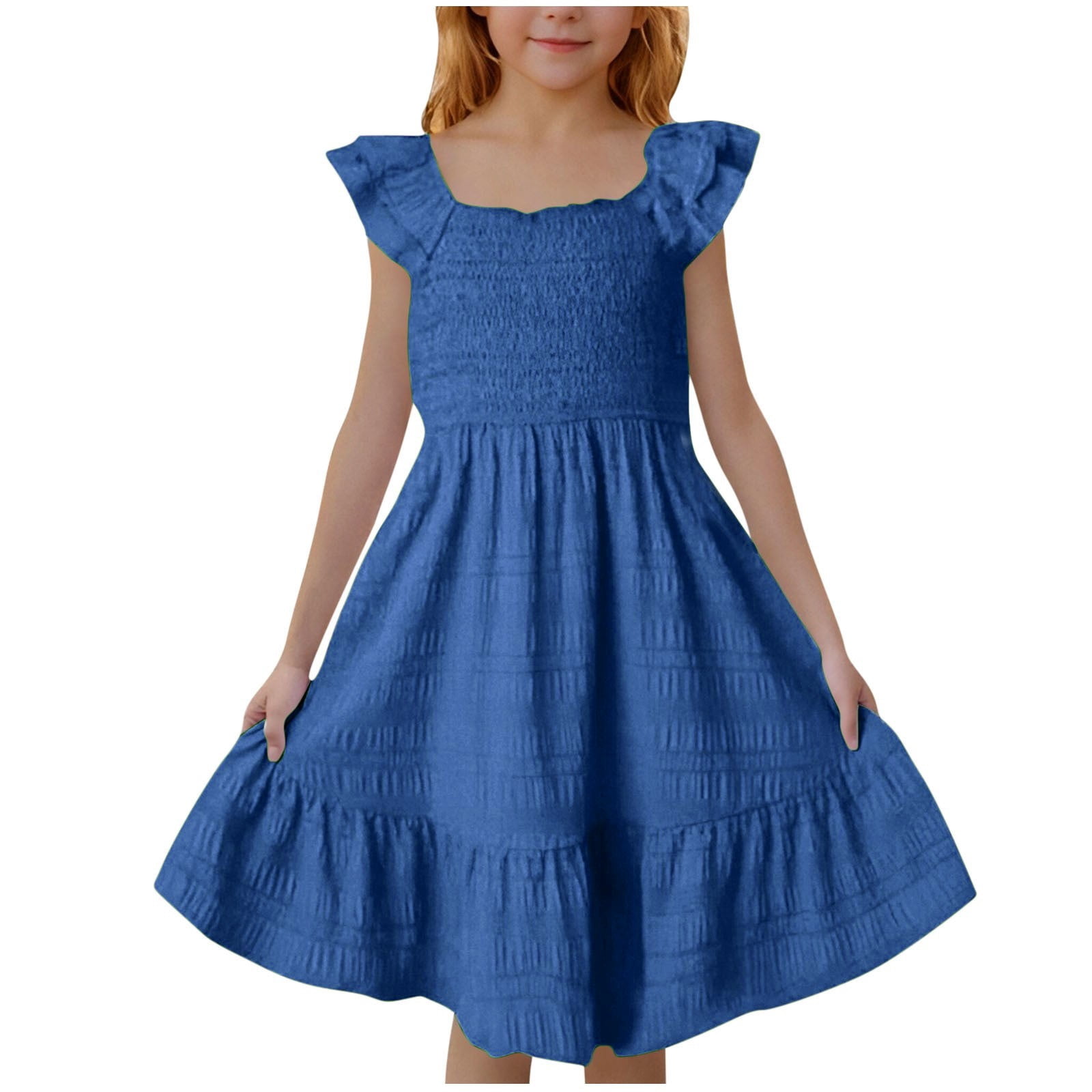 Bainana Girls Solid Color Summer Dresses Ruffled Sleeve Square Neck ...