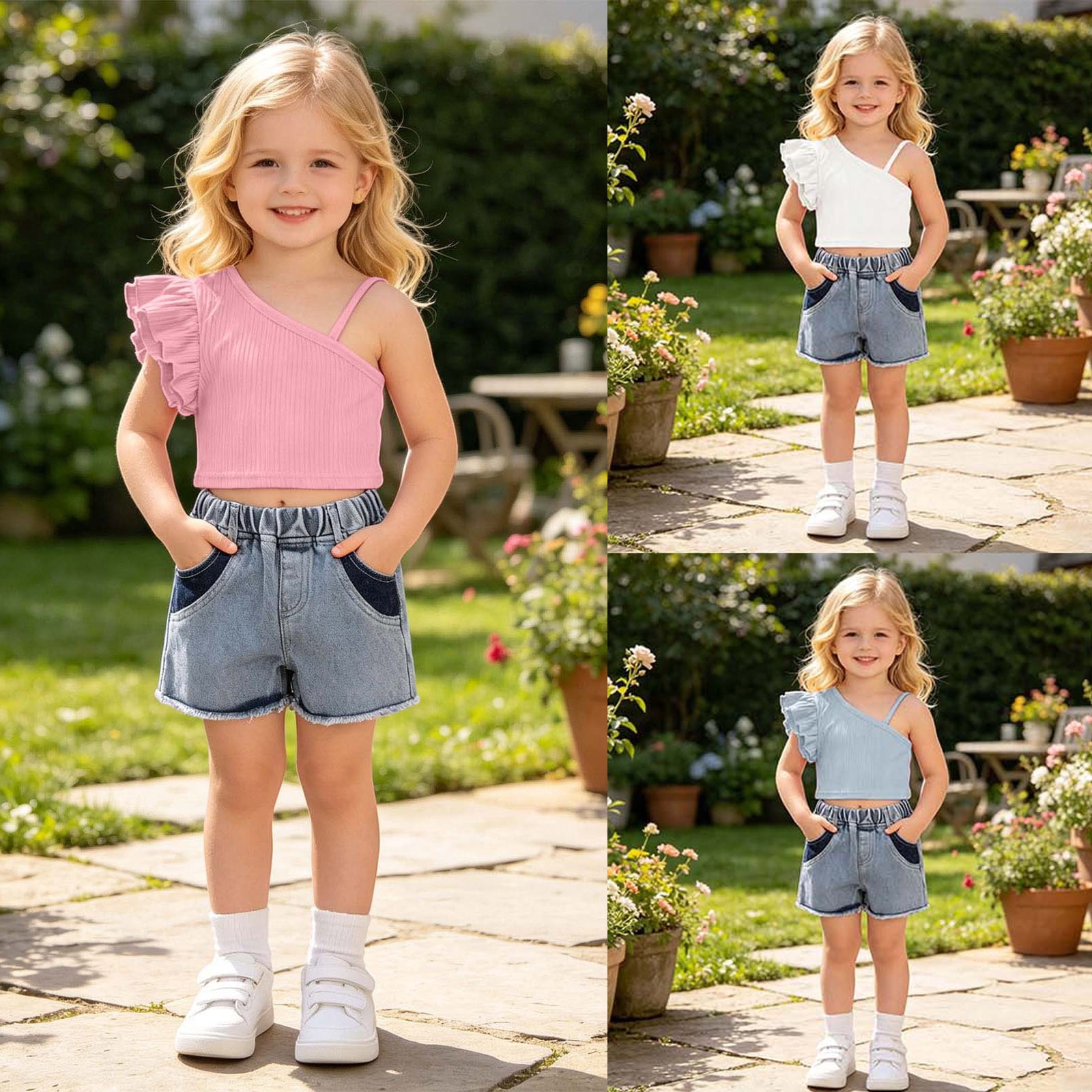 Bainana Girls Summer Outfit Set Kids Solid Color One Shoulder Vest Tops ...