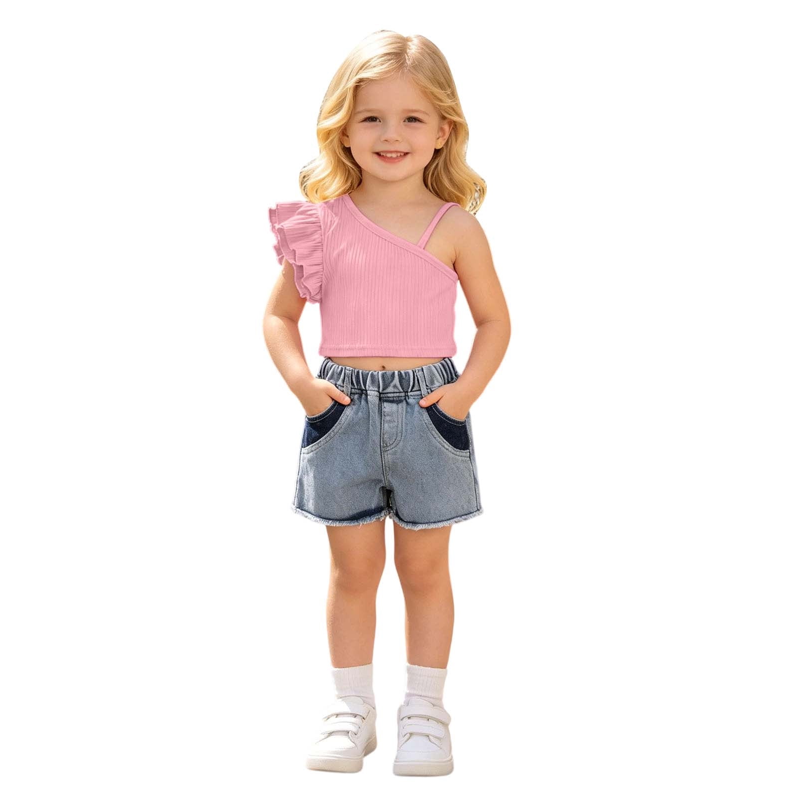 Bainana Girls Summer Outfit Set Kids Solid Color One Shoulder Vest Tops ...