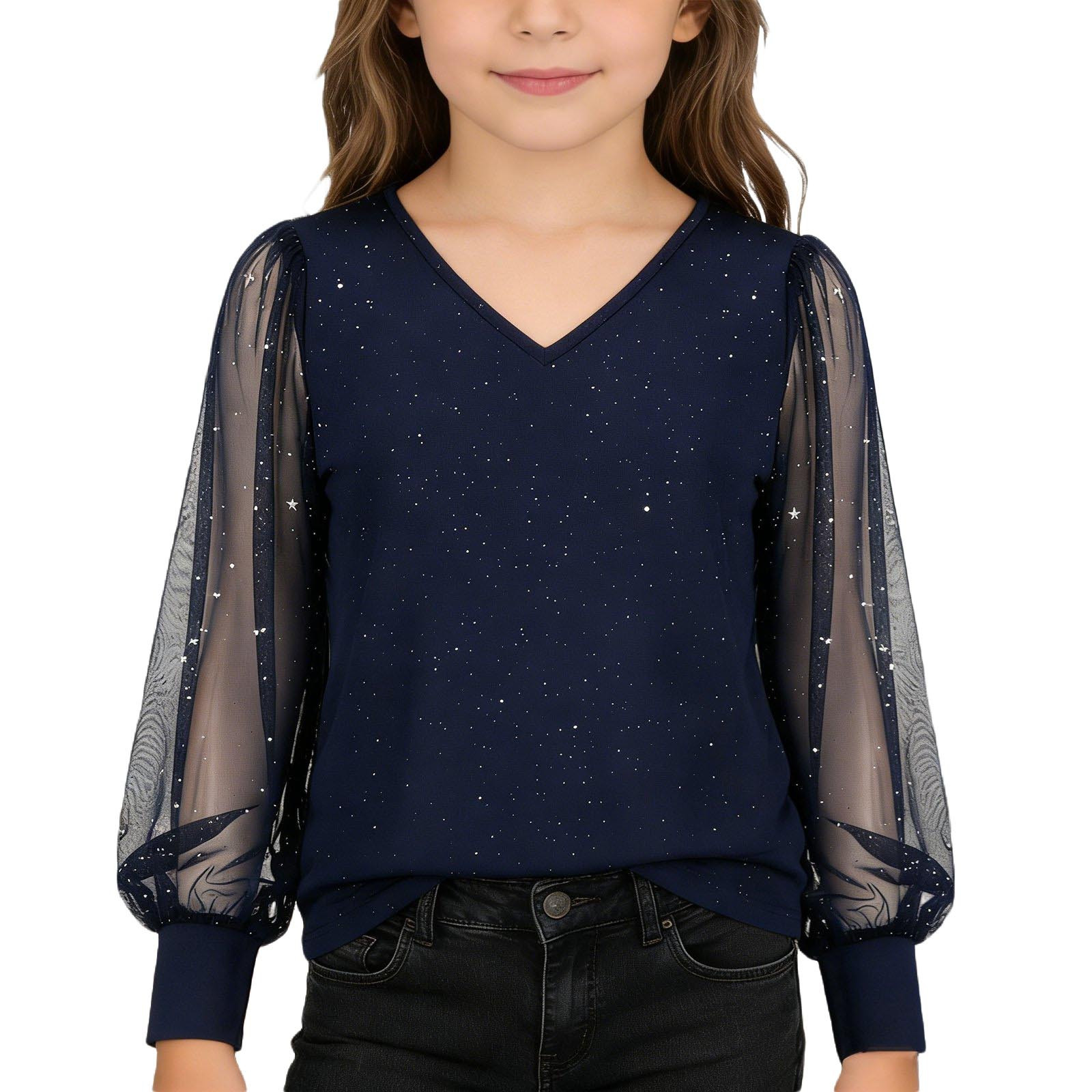 Bainana Kids Shirts For Girls Sparkly Print V Neck Long Sleeve Casual ...