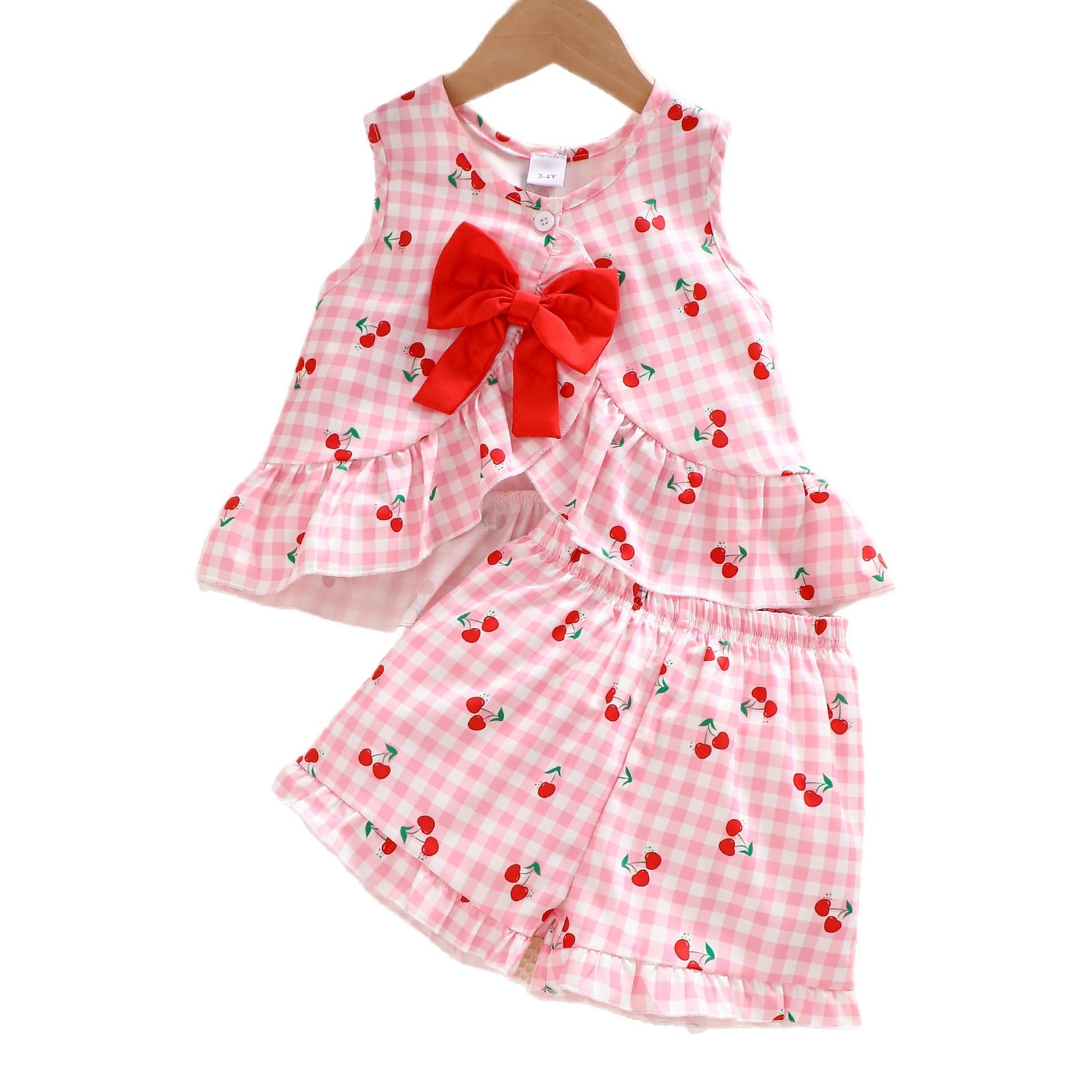 Bainana Kids Summer Outfit Set Girls Cherry Plaid Print Sleeveless Vest ...