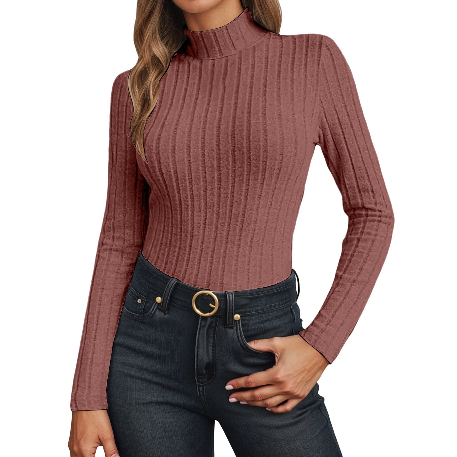 Bainana Knit Tops For Women Solid Color Long Sleeve High Collar Shirt ...