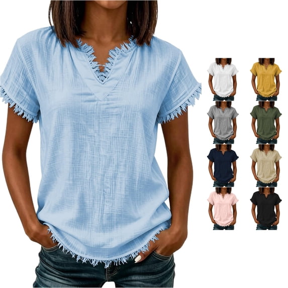Bainana Lady'S Casual Shirts Solid Color V Neck Short Sleeve Top ...