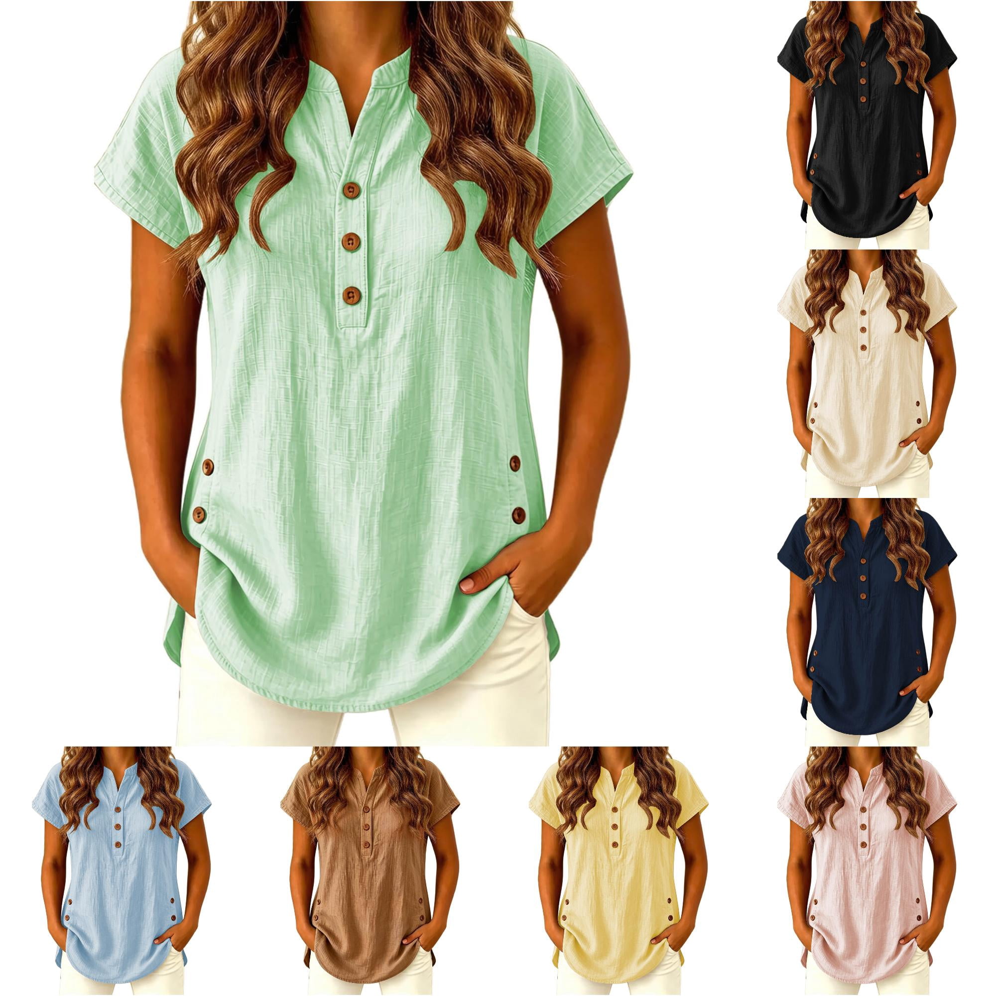 Bainana Lady'S Summer Blouse V Neck Button Down Solid Color Short ...