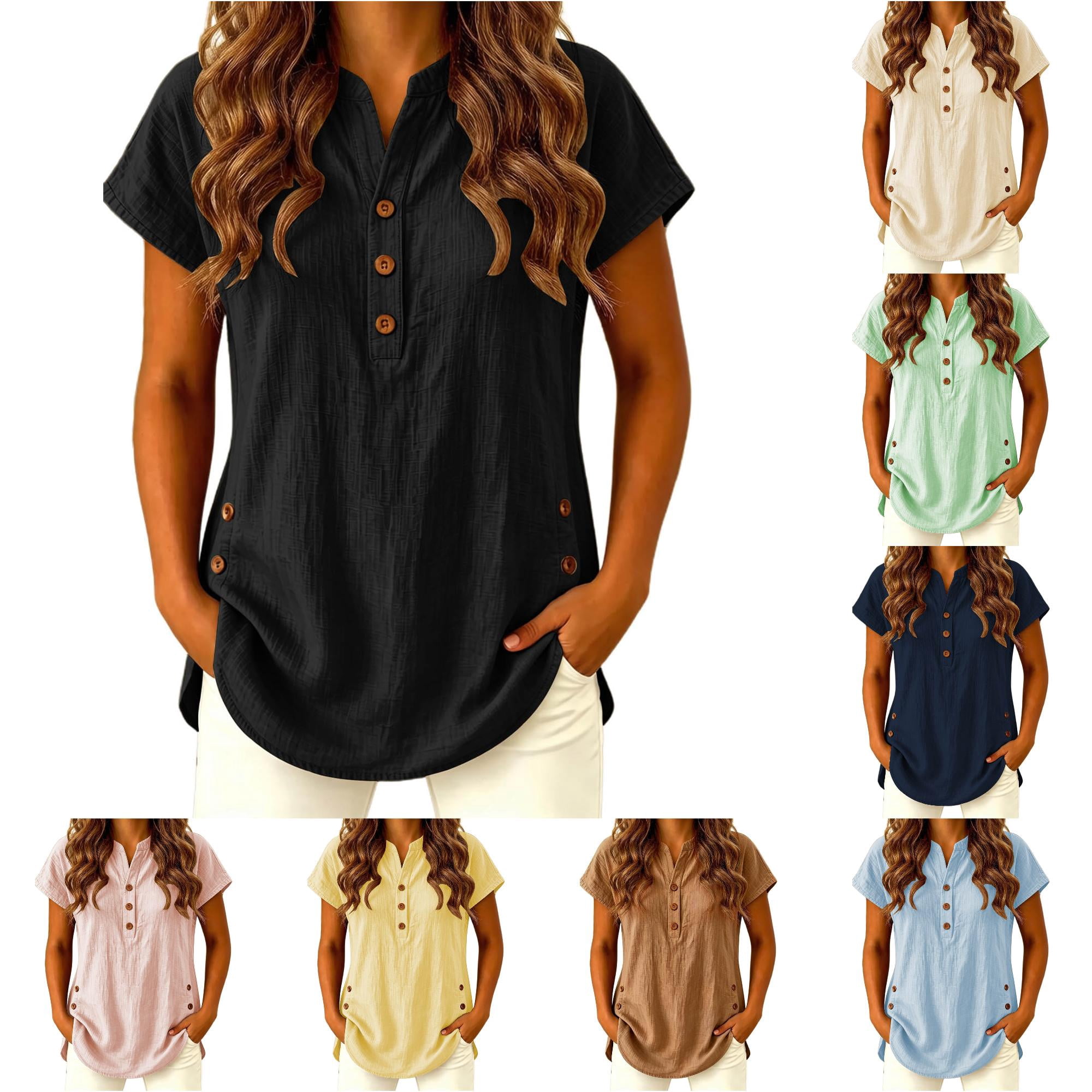 Bainana Lady'S Summer Blouse V Neck Button Down Solid Color Short ...