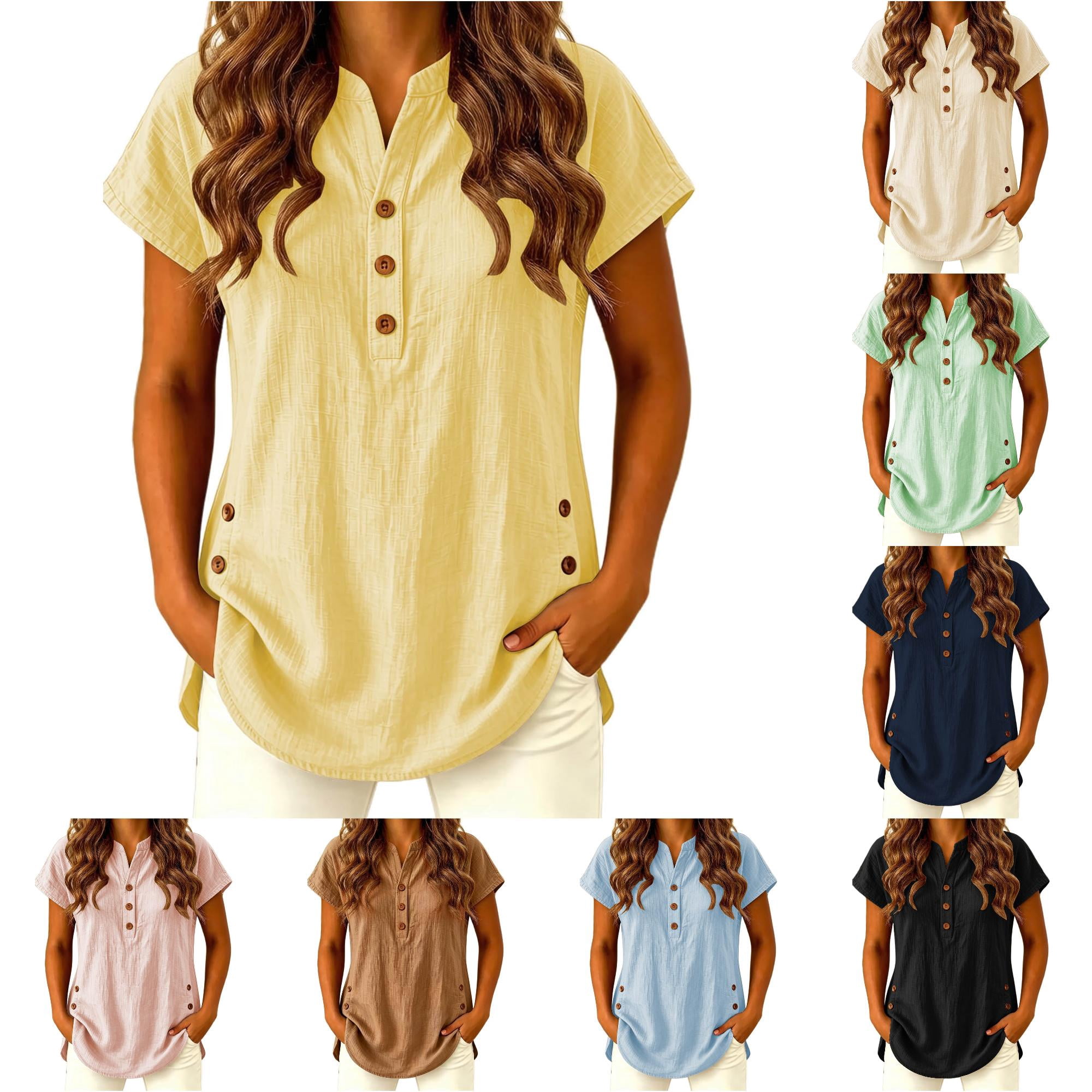 Bainana Lady'S Summer Blouse V Neck Button Down Solid Color Short ...