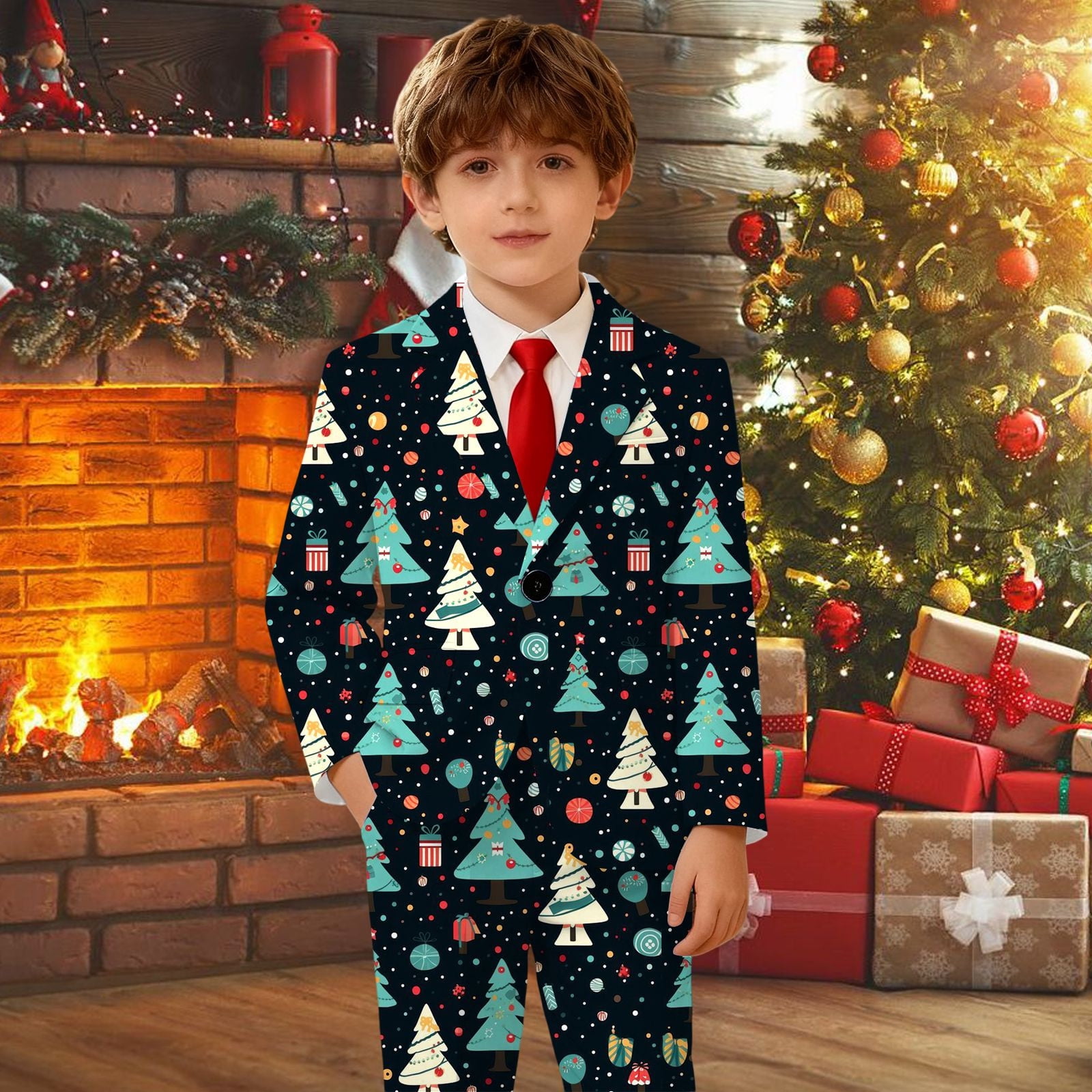 Bainana Little Boys Christmas Jacket Santa Tree Print Long Sleeve Lapel ...