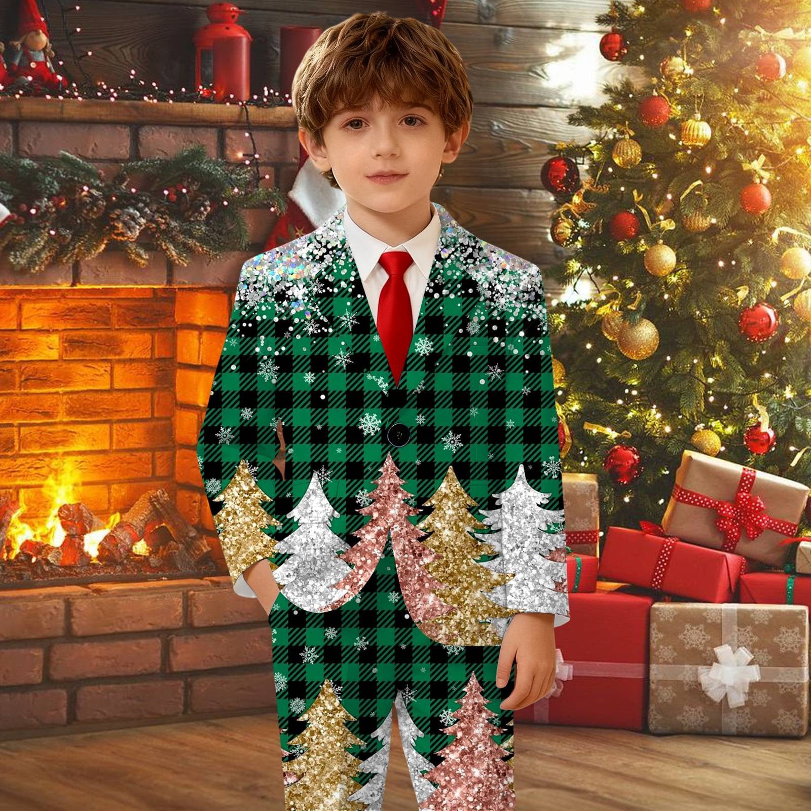Bainana Little Boys Christmas Suit Jacket Santa Tree Print Long Sleeve ...