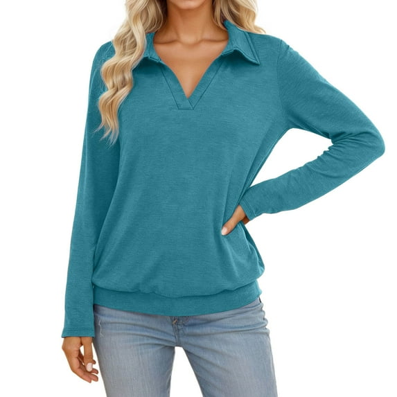 Bainana Long Sleeve T-Shirt For Women Solid Color Lapel Neck Casual ...